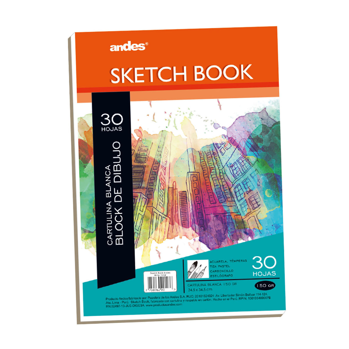 Block Andes Sketch Encolado 30H 150Gr (24.6 X 34.6Cm) - Cartulina blan ...
